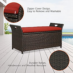 Iwicker Patio Wicker Storage Bench,Outdoor Rattan Deck Box with Cushion, Red
