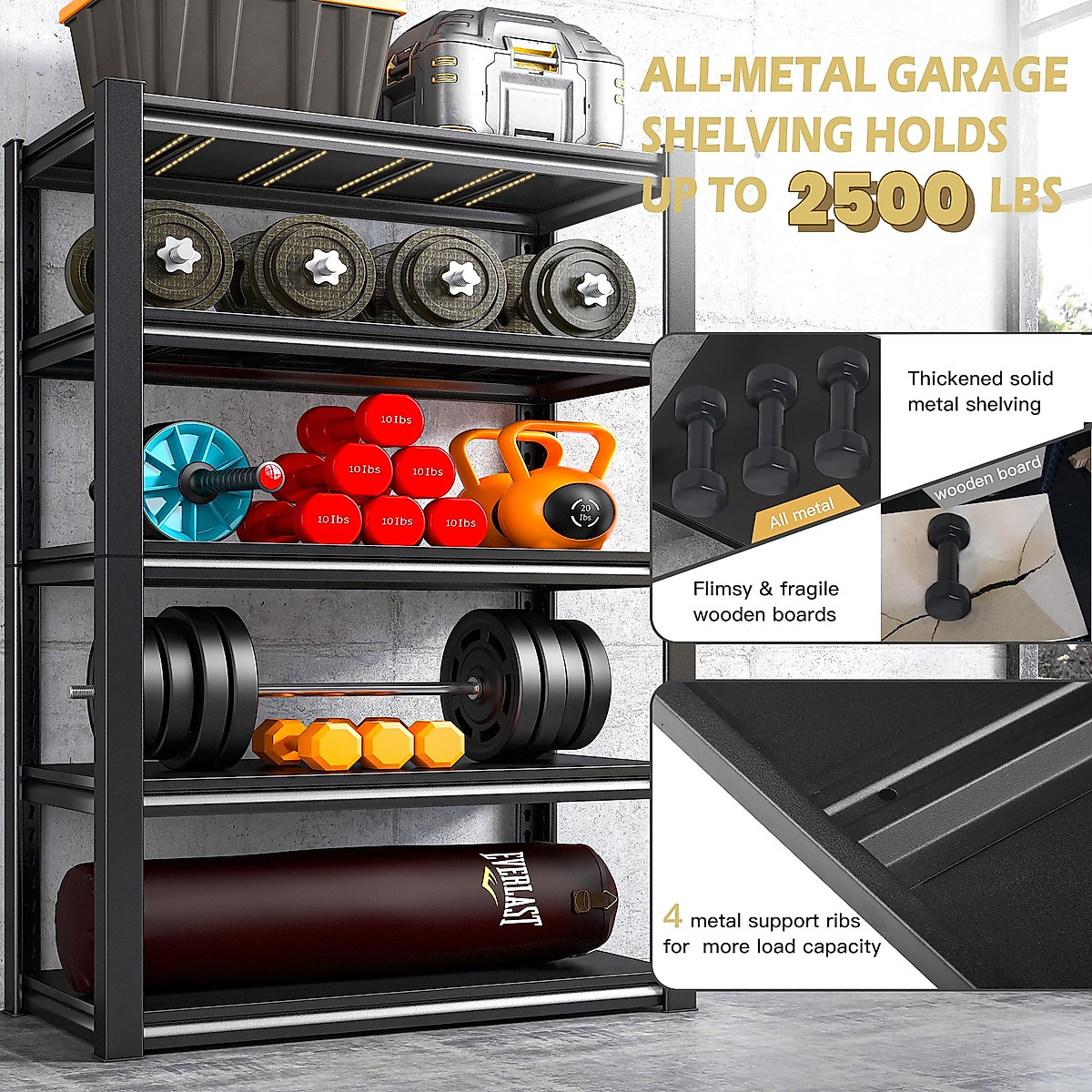 REIBII Garage Storage Shelves Heavy Duty Garage Shelving 72" Adjustable Metal Shelves for Storage 5-Tier Garage Shelves Heavy Duty 2500LBS Basement Kitchen Pantry Shelving Utility Shelves, 3 Pack