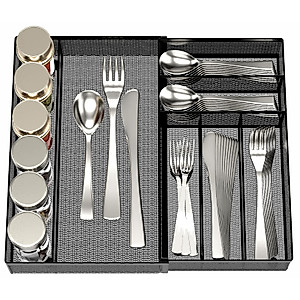 JANE EYRE Sturdy Utensil Drawer Organizer, Cutlery Tray, Silverware/Flatware Storage Divider for Kitchen, Mesh Designing with Non-slip Rubber Feet (Black)