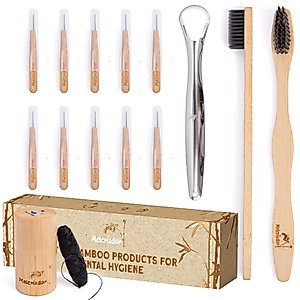 Bamboo Toothbrushes Set - Holder Charcoal Dental Floss,Interdental Brushes and Metal Tongue Scraper