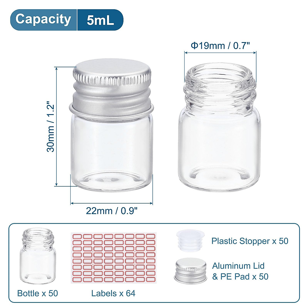 PATIKIL 5ml Clear Glass Vials, 50 Pack Small Liquid Sample Vial with Screw Caps Plastic Stoppers and 64 Labels Leak-Proof Bottles Empty Jars