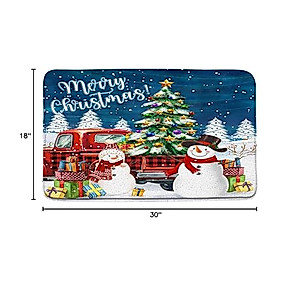 Snowman Bath Mat Merry Christmas Tree Red Truck Car Winter Home Bathroom Bedroom Kitchen Rug Soft Memory Foam Backing , 18x30 Inch