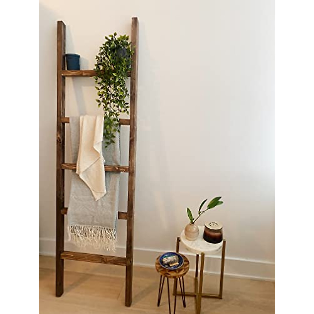 Wood Decorative Wall Leaning Blanket Ladders Bathroom Storage Quilt Towel Display Rack Shelf Holder Rustic Farmhouse, Brown