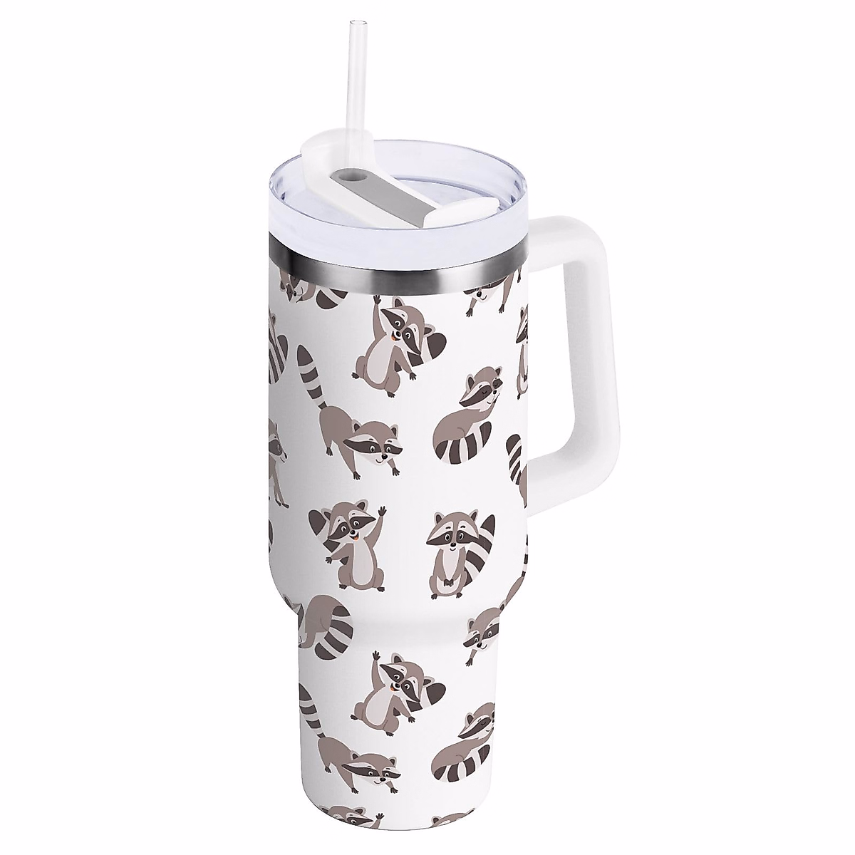 IHCVHQX Tumbler with Handle and Straw 40oz Funny Cute Cartoon Raccoon Insulated Tumbler Cups Stainless Steel Travel Coffee Mug