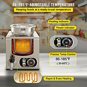 VEVOR Commercial Soup Warmer, 7.4 Qt Capacity, 300W 110V Electric Food Warmer, Adjustable Temp.86-185℉, Stainless Steel Countertop Soup Pot with Tap, Bain Marie Food Warmer for Cheese/Hot Dog/Rice
