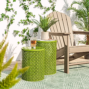 Glitzhome Outdoor Side Table Set of 2, Decorative Garden Stool for Indoor Outdoor Heavy Duty Metal Frame Accent Table Modern End Table, Glossy Green