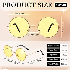 Kanayu 50pairs Round Hippie Sunglasses Packs Circle Colored Lens Sunglasses Retro 60s 70s Style Glasses Eyewear for Women Men (Bright Colors)