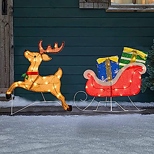 Hourleey Christmas Outdoor Decorations Yard, Pre-Lit Lighted 2D Santa Sleigh Reindeer with 50 Count Warm White Light, Waterproof Outdoor Christmas Deer Decorations for Yard Patio Lawn Garden Party