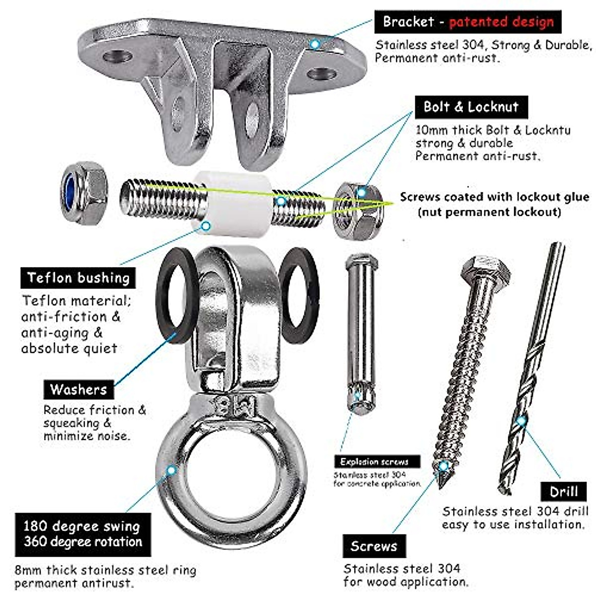 Dakzhou Stainless Steel 304 Heavy Duty Hanger 180°360° Swing 1200 LB Mounting Auger Installation Guide Playground Porch Swing Sandbag Yoga Hammock Stand Wooden Indoor-Outdoor