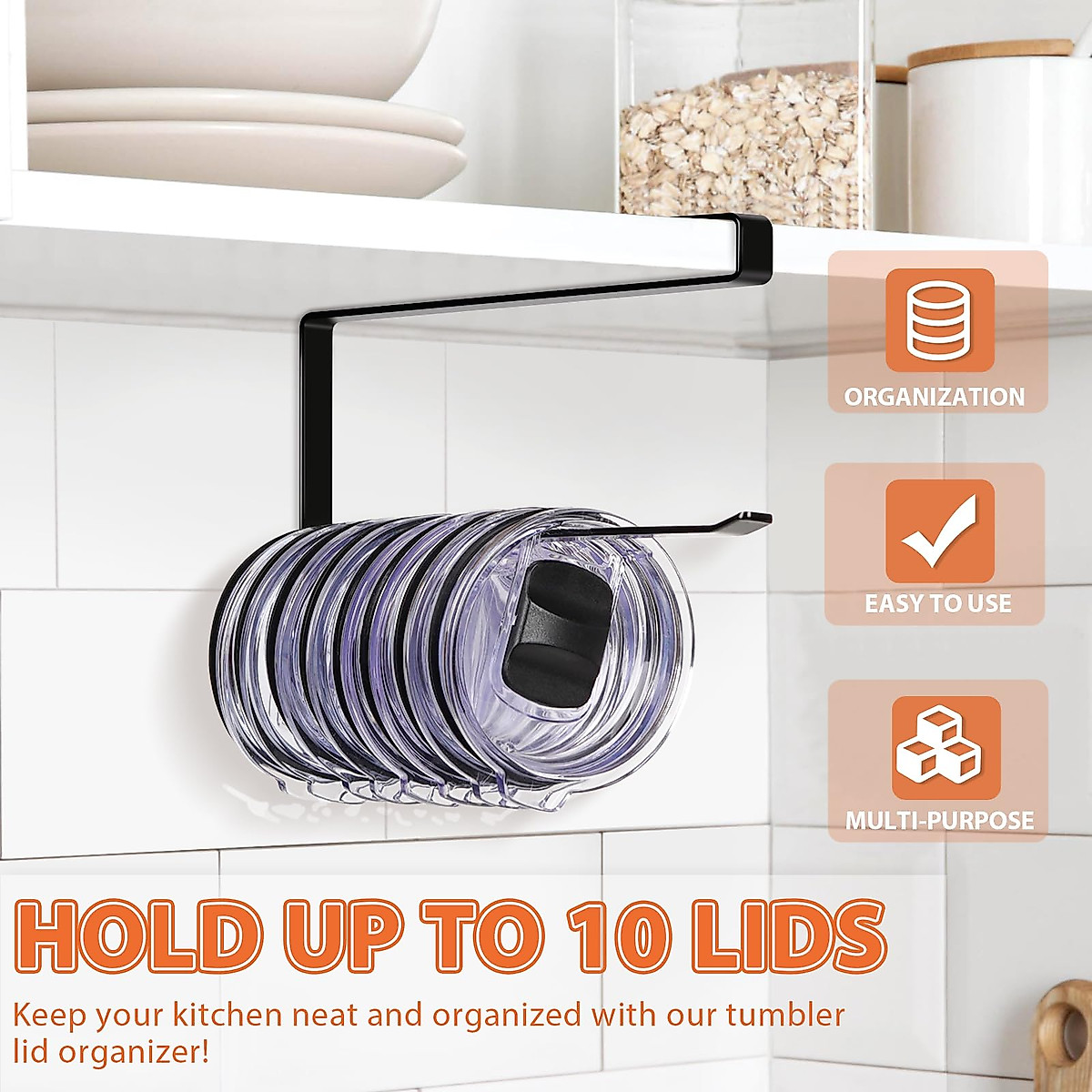 Tumbler Lid Organizer, Horizontal Tumbler Lid Storage Hook Up to 10 Lids, Space Saving Cup Lid Holders Under Cabinet Tumbler Lid Hook for Kitchen Organizer and Storage,Hanging Paper Towel Rack Hanger