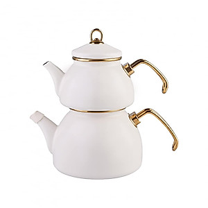 Karaca Retro Teapot Set Cream, Enamel, Teapot/Lid (1.1 lt, 2.4 lb), Tea Kettle (2.3 lt, 5 lb), Titanium Coated Handles, Suitable for Induction