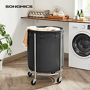 SONGMICS Laundry Basket with Wheels, Rolling Laundry Hamper, 45 Gal., Round Laundry Cart with Steel Frame and Removable Bag, 4 Casters and 2 Brakes, Black and Silver URLS001B01