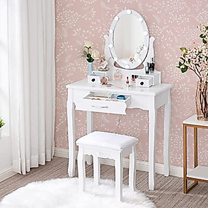ANWBROAD Makeup Vanity Desk Vanity Set with LED Lighted Mirror Makeup Table Set 10 LED Dimmable Bulbs Cushioned Stool 3 Drawers 3 Dividers for Bedroom Makeup Jewellery Storage Set White UBDT12W