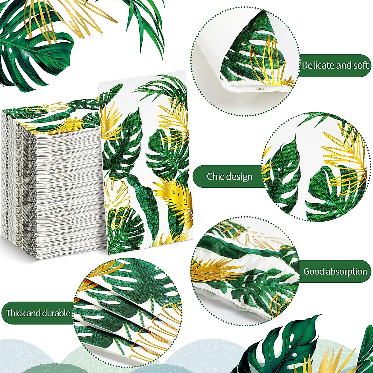 Yaomiao 100 Pieces Tropical Napkins Bulk Palm Leaf Paper Bathroom Hand Towels Bronzing Decorative Tropical Leaves Disposable Guest Dinner Napkins for Summer Hawaiian Aloha TIki Luau Party Supplies