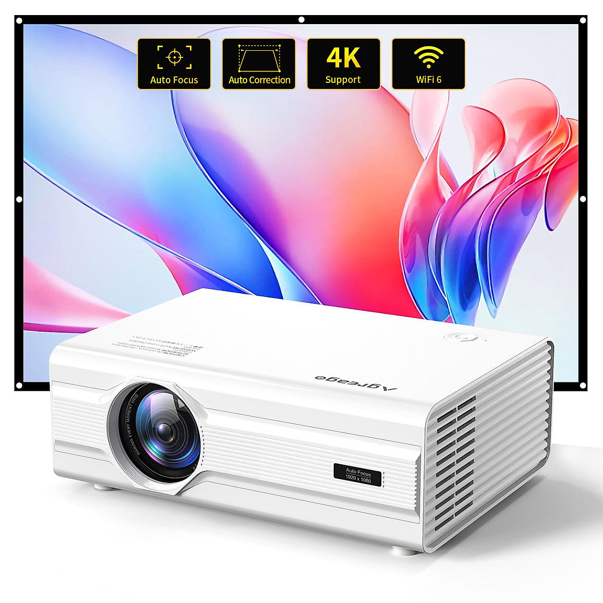 Auto Focus & Auto Keystone with WiFi 6 and Bluetooth 5.2, Agreago Native 1080P 4K Supported Outdoor Projector with Screen, Home Projector Compatible with iOS/Android/HDMI/USB/TV Stick