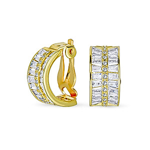 Art Deco Style Bridal Statement AAA CZ Half Hoop Baguette Earrings For Women Wedding Prom Holiday Formal Party Clip On Yellow Gold Plated