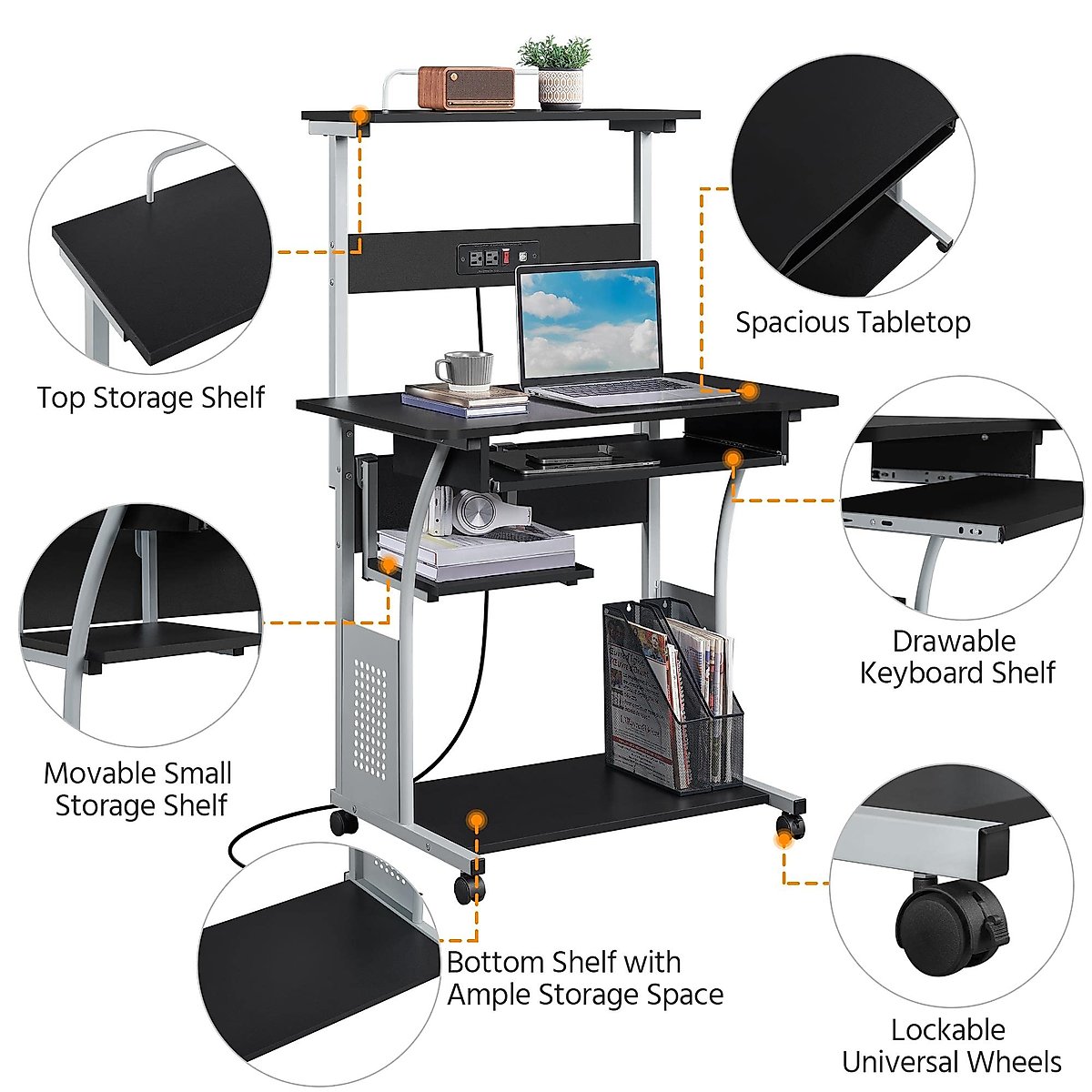 Topeakmart Rolling Computer Desk with Charging Station and 2 USB Ports for Small Space, Study Writing Desk with Keyboard Tray and Printer Shelf for Home Office, Compact Study Table with Wheels, Black