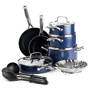 Blue Diamond Cookware Diamond Infused Ceramic Nonstick, 14 Piece Cookware Pots and Pans Set, PFAS-Free, Dishwasher Safe, Oven Safe