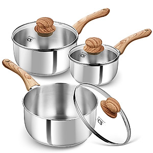 KOCH SYSTEME CS Stainless Steel Saucepan Set, 1QT & 2QT & 3QT Sauce Pan with Heat-resistant Bakelite Handle, Premium Stainless Steel Pot Set, Induction Sauce Pan Sets, Stainless Steel Pots 6 Piece