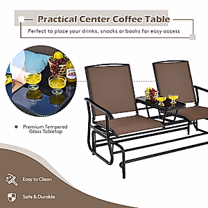 Tangkula 2 Person Swing Glider Chair, Patio Rocking Loveseat w/Center Tempered Glass Table, Outdoor Swing Bench w/Steel Frame & Breathable Mesh Fabric for Porch, Balcony, Poolside (Brown)