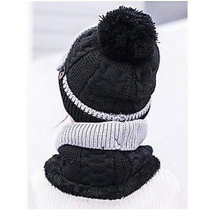 3 in 1 Winter Knitted Beanie Hat Scarf Mouth Mask Set for Girls Boys Kids, Warm Fleece Lined Ski Cap with Pompom Neck Warmer (Black)