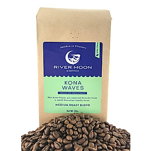 River Moon Coffee, Kona Coffee Whole Bean, Medium Roast, 2 lbs., Kona Waves Hawaiian Coffee Blend, Sustainably Farmed, 32 Ounces, 100% Arabica