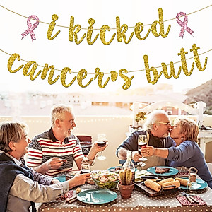 INNORU I Kicked Cancer's Butt Banner, Cancer Surviving Party Decorations, Pink Ribbon Hope, Cancer Theme Party Decoration Gold Glitter