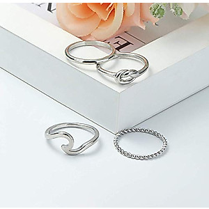 ORAZIO 4 Pcs Silver Wave Rings for Women Twist Knot Band Stackable Rings Stainless Steel Simple Thumb Cute Love Rose Gold Rings Set