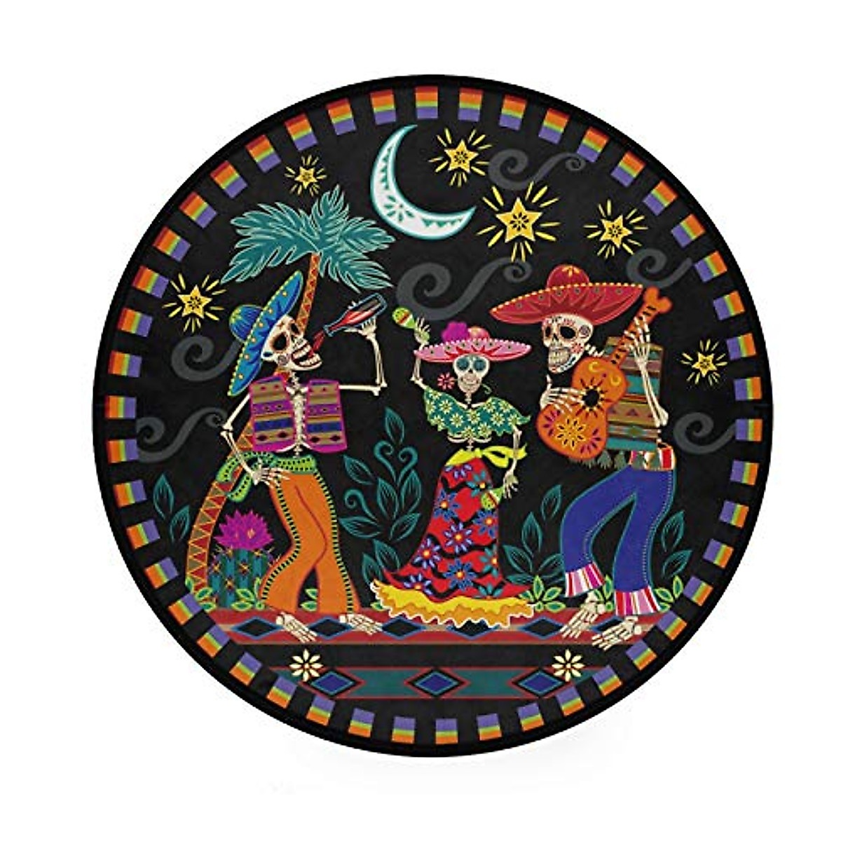 Skull Music Band Round Area Rug Soft Non Skid Easy Clean 3ft Area Carpet Day of The Dead Circle Floor Mat for Living Room Kitchen Bathroom
