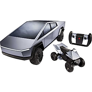 Hot Wheels 1:10 Tesla Cybertruck Radio-Controlled Truck & Electric Cyberquad, Custom Controller, Speeds to 12 MPH, Working Headlights & Taillights, For Kids & Collectors [Amazon Exclusive]