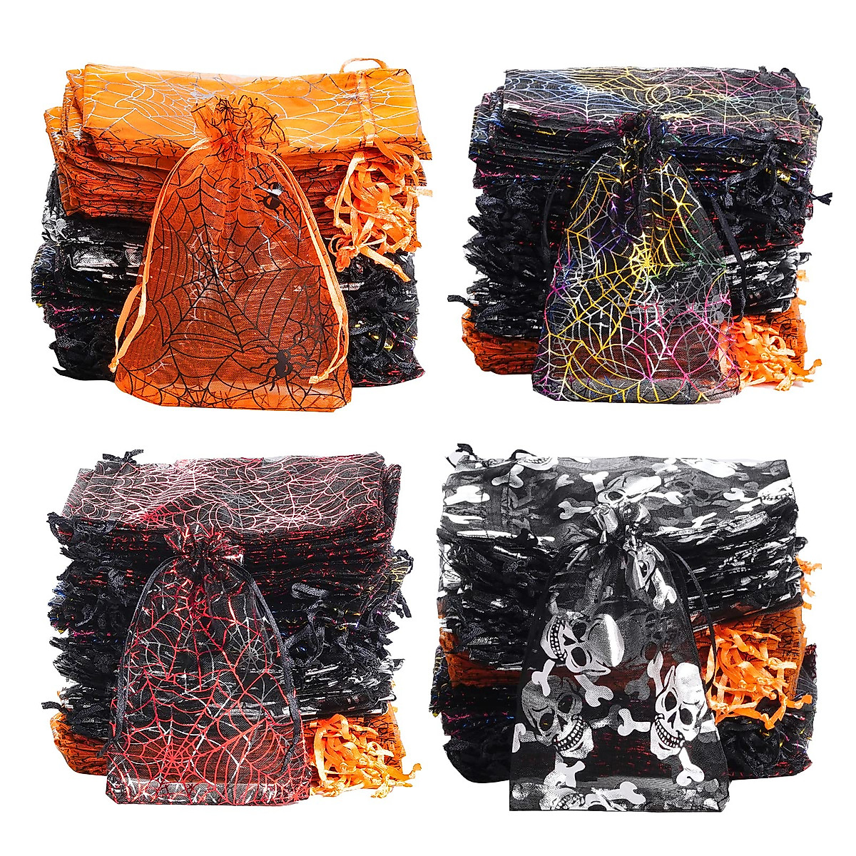 choyaxo 100PCS Halloween Organza Bags Spider Web Print Satin Drawstring Candy Jewelry Bags for Halloween Drawstring Gift Bags 4 x 6 Inches/10 * 15cm, 4 Styles