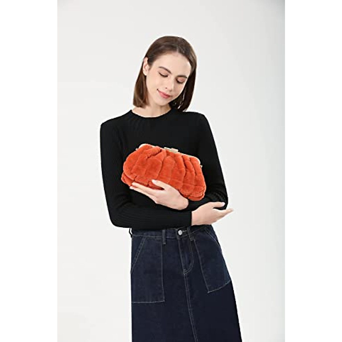 M10M15 Furry Purse Handbag for Women Winter Faux Fur Evening Bag Super Warm Purse Large Size Light weight for Party Orange