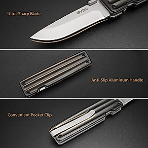 GVDV Metal Pocket Folding Knife - 7Cr15 Stainless Steel Survival Knife, Tactical Knife for Camping Hunting Hiking with Safety Liner-Lock and Belt Clip, Gift for Men- Silver