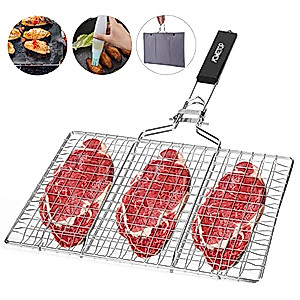 ACMETOP Portable BBQ Grill Basket Stainless Steel Fish Grill Basket with Removable Handle, Grill Accessories for Outdoor Grill Vegetables Fishes Shrimp -【Bonus Grill Mat, Sauce Brush & Carrying Pouch】