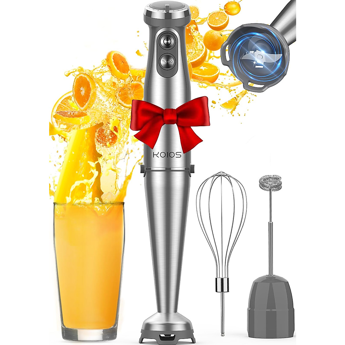 KOIOS Immersion Blender, 1000W Anti-scratch 3-in-1 Hand Blender, Upgraded 12 Speed Stainless Steel Blade Stick Blender with Turbo Mode, Whisk and Milk Frother, Non-BPA