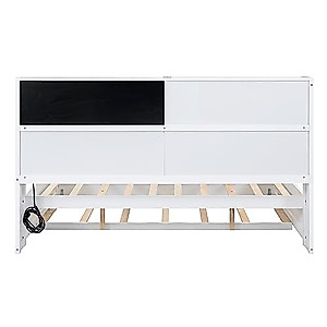 BOVZA Wooden Full Size Daybed with Twin Trundle, USB Ports, Storage Shelves, Blackboard, Cork Board, White