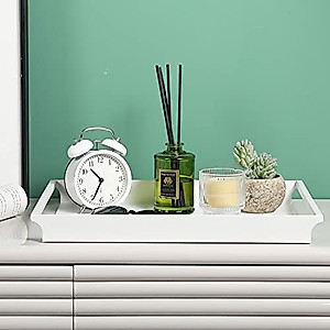 MyGift Decorative Serving Tray, Modern Matte White Metal Rectangle Ottoman Coffee Table Tray with Sleek Rounded Cutout Side Handles