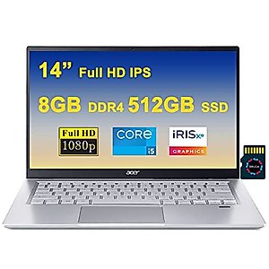 Acer Swift 3 14 Business Laptop I 14” Full HD IPS ComfyView Display I 11th Gen Intel 4-Core i5-1135G7 I 8GB DDR4 512GB SSD I Fingerprint Backlit Keyboard USB-C Win10 Silver + 32GB MicroSD Card