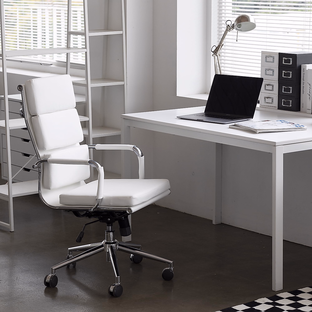NEO CHAIR Office Desk Ergonomic Chair Leather Executive High-Back Modern Conference Comfy Adjustable Padded Swivel Rolling Home Vanity Chairs with Arms Wheels (White)