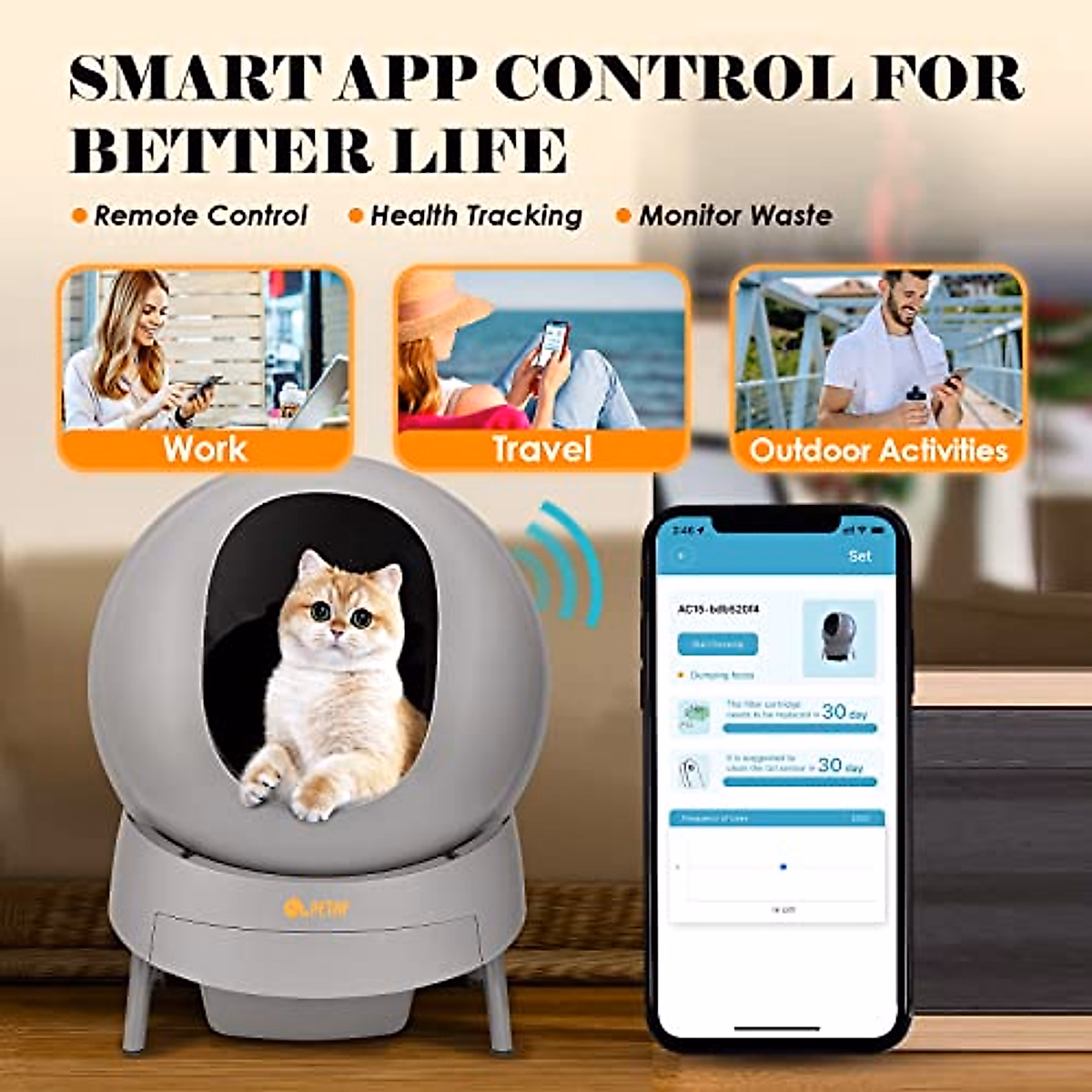 PETNF Self Cleaning Cat Litter Box with App,No More Scooping Automatic Cat Litter Box with Infra-Red Sensor System,Excellent Odor Removal,Ultra-Quiet Electric Kitty Litter Boxes for Multi-Cats