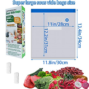 Daarcin Super Large Sous Vide Bags15pcs kit,BPA Free Reusable Vacuum Sealer Bags and 2pcs Sealing Clips for Food Storage and Sous Vide Cooking(11.8x13.4in/30x34cm)