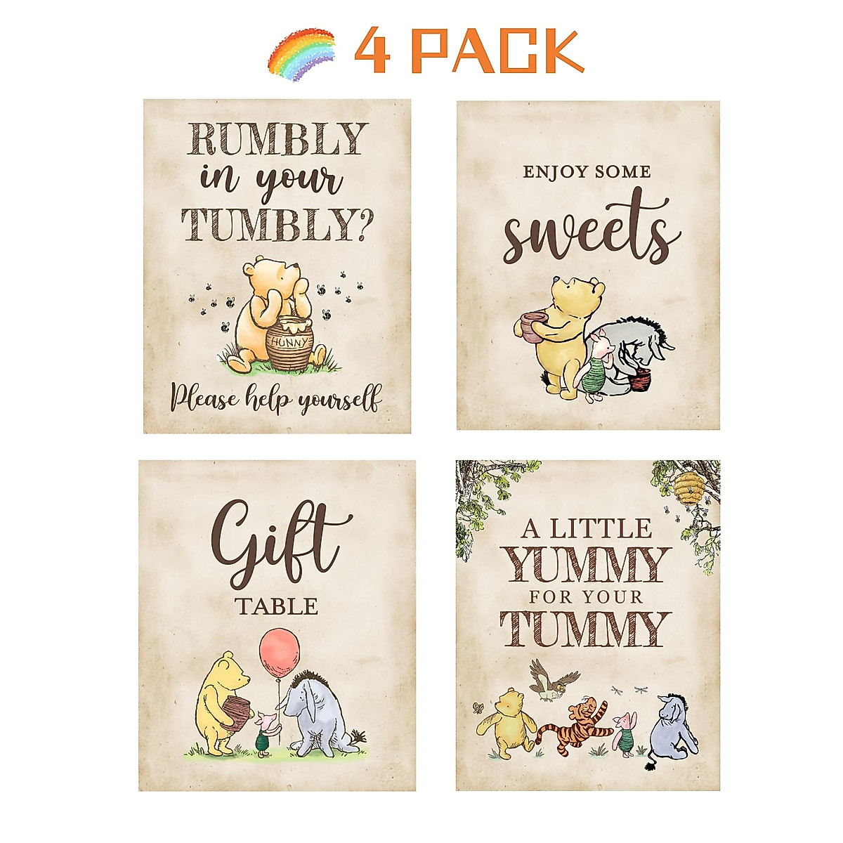4PCS Winnie Table Sign Centerpieces A Little Yummy for Your Tummy for Baby Shower Decorations Pooh Birthday Decorations Welcome Baby Party Supplies(8x10in)