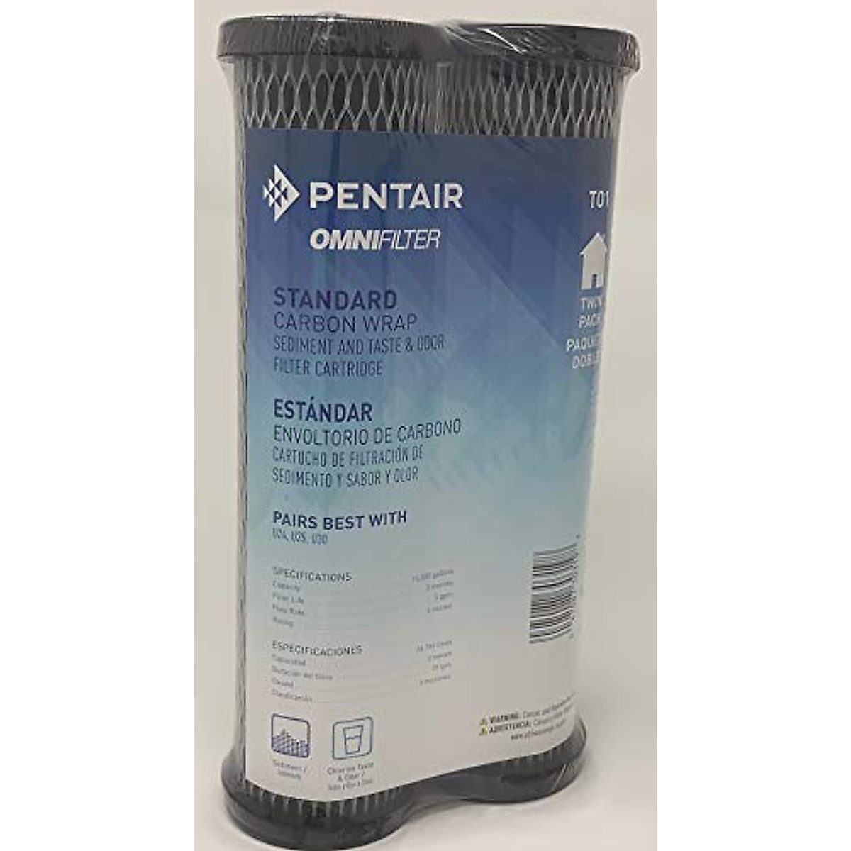 Omnifilter Standard T01 Omni TO1 Whole House Replacement Under Sink Water Filter Carbon Wrapped Cartridge (2-Pack) Chlorine Taste Odor Sediment TO1 T01 (Twin Pack) Water Filter Newest Model