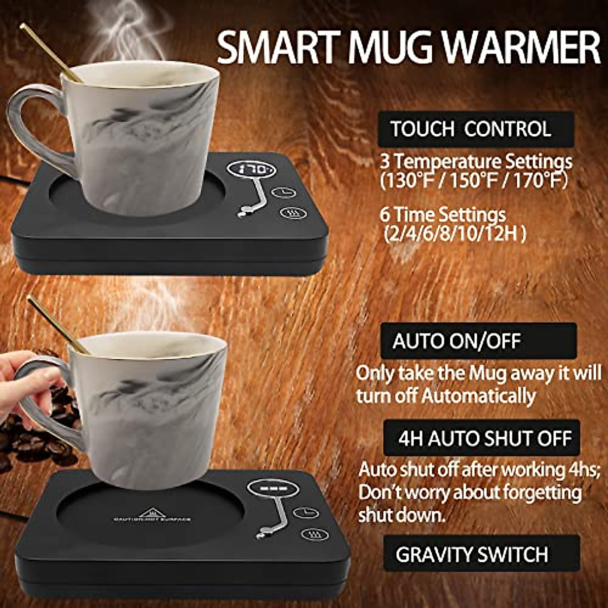Mug Warmer - Coffee Mug Warmer for Desk - Auto Shut Off Coffee Warmer with 2-12Hrs Timer and 3 Temperature Setting, Portable Cup Warmer for Beverage, Coffee, Milk, Tea, Candle Wax, Ideal Xmas Gift