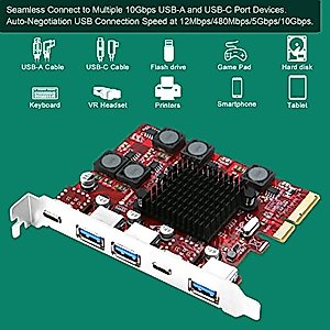 FebSmart 2X USB-C & 3X USB-A 10Gbps Ports PCIE USB 3.1 GEN2 Card for Windows 11, 10, 8.x, 7(32/64bit), Windows Server, MAC OS and Linux Desktop PCs, Built in Self-Powered Technology (FS-A3C2-Pro)