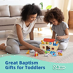 TOOKYLAND Wooden Noah's Ark Toys for Kids, Bible Story Toys Baptism Gifts for Girls and Boys, Animal Shape Sorter Toys Montessori Toys for 2 3 4 Year Old