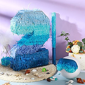 Number 2 Pinata with Stick Blindfold Confetti, Gradient Blue Pinata for Kids 2nd Birthday Party Large Blue Pinata for Boys Girls Birthday Anniversary Celebration Decoration Supplies (Number 2)