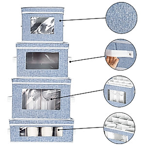 China Storage Containers,Wine Glass Mug Plate Dish Stemware Storage Box with Dividers,Hard Shell Dinnerware Case with 24 Felt Protectors for Crystal Glassware,Coffee Cup,Bowl Packing & Moving (Blue)