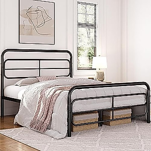Topeakmart Full Bed Frames Metal Platform Bed with Modern Geometric Patterned Headboard, Easy Assemble, 13 Inch Underbed Storage, No Box Spring Needed, Black