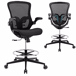 Mid-Back Ergonomic Drafting Chair,Mesh High Desk Chair,Counter Height Desk Chair,Tall Office Chair with Adjustable Foot Ring,Standing Desk Chair with Lumbar Support and PU Arms(Black)